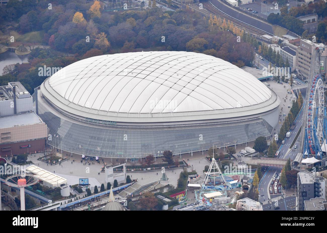 An aerial photo shows Tokyo Dome in Bunkyo Ward, Tokyo on November 27 ...