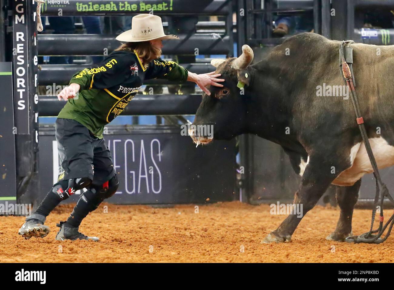 ARLINGTON, TX - NOVEMBER 15: Bullfighter Jesse Byrne faces bull Vertigo ...