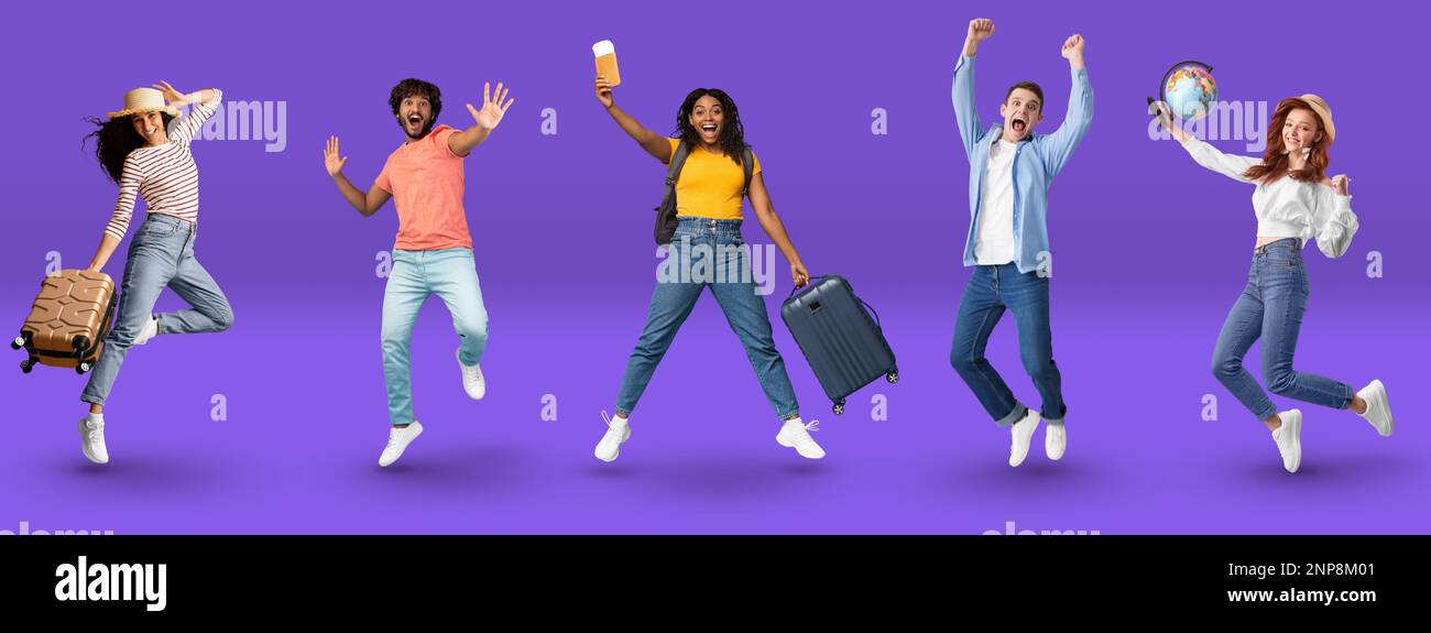 Multicultural millennials going vacation, purple background, collage ...