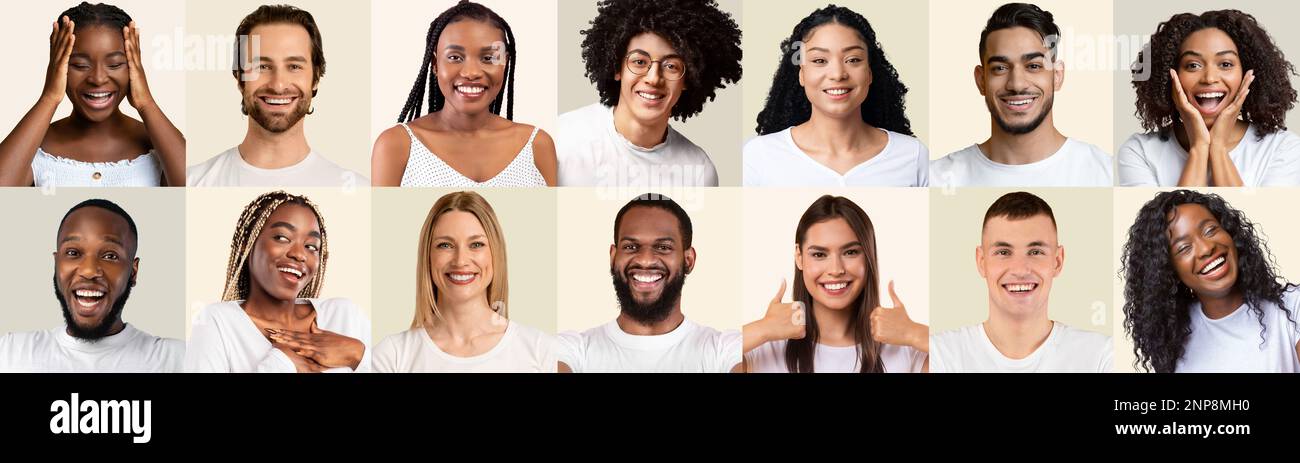 Positive multicultural people cheerfully smiling at camera, set of ...