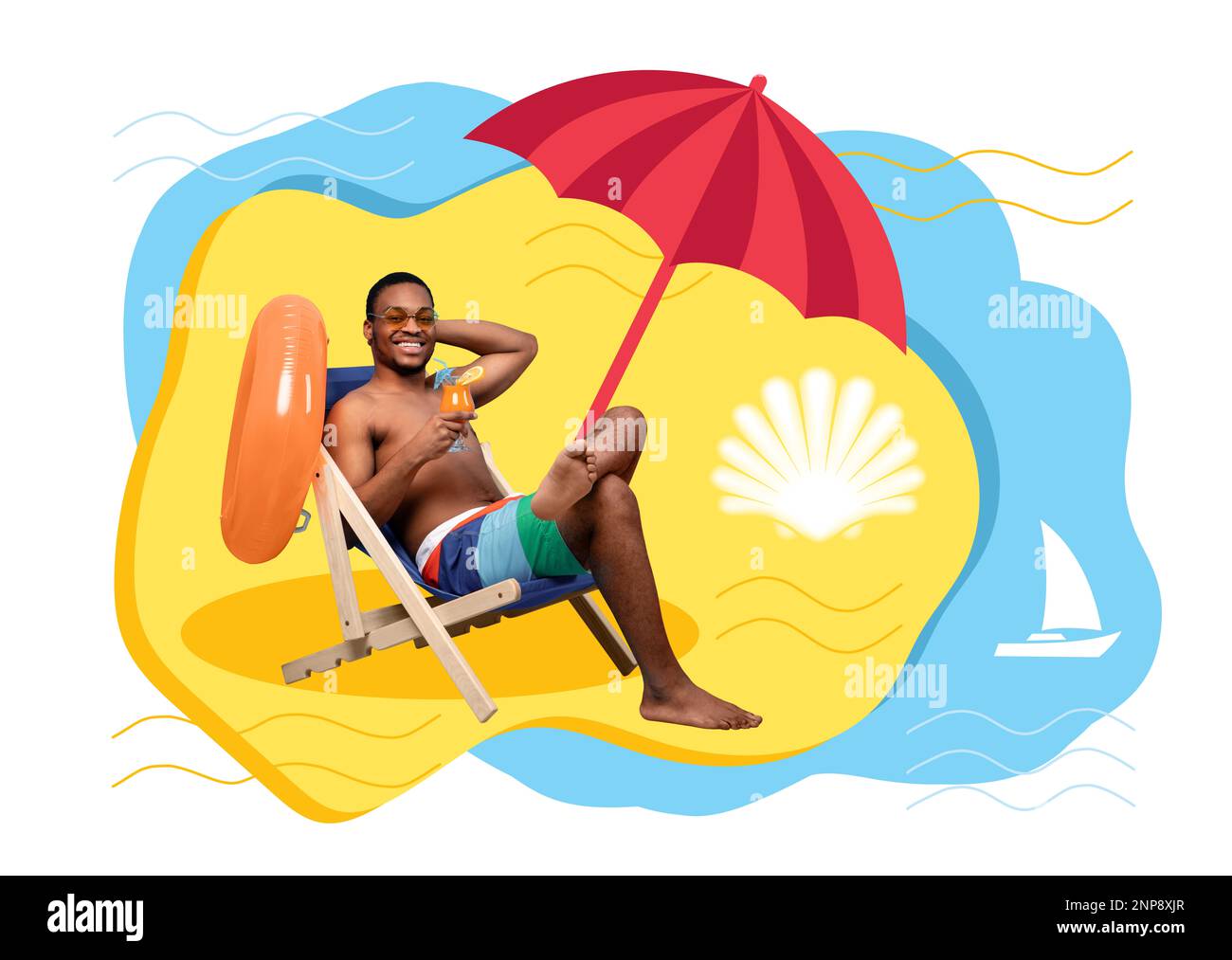 Happy millennial black guy in glasses and shorts drinking tropical ... Happy millennial black guy in glasses and shorts drinking tropical ...