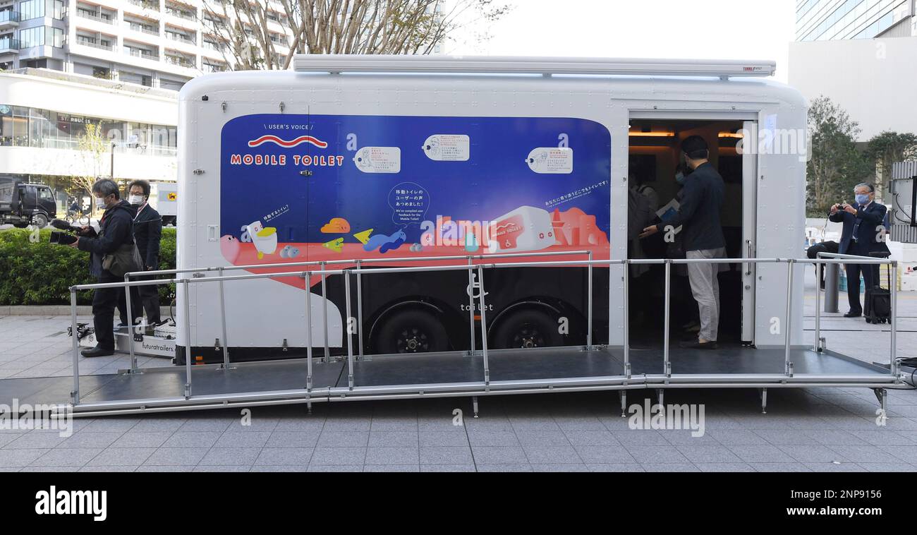 A mobile accessible toilet, Mobairu Toire, is shown to media in ...