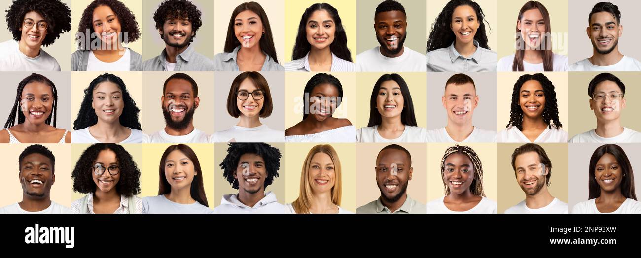 Collage With Happy Multicultural Men And Woman Posing Over Light Pastel ...