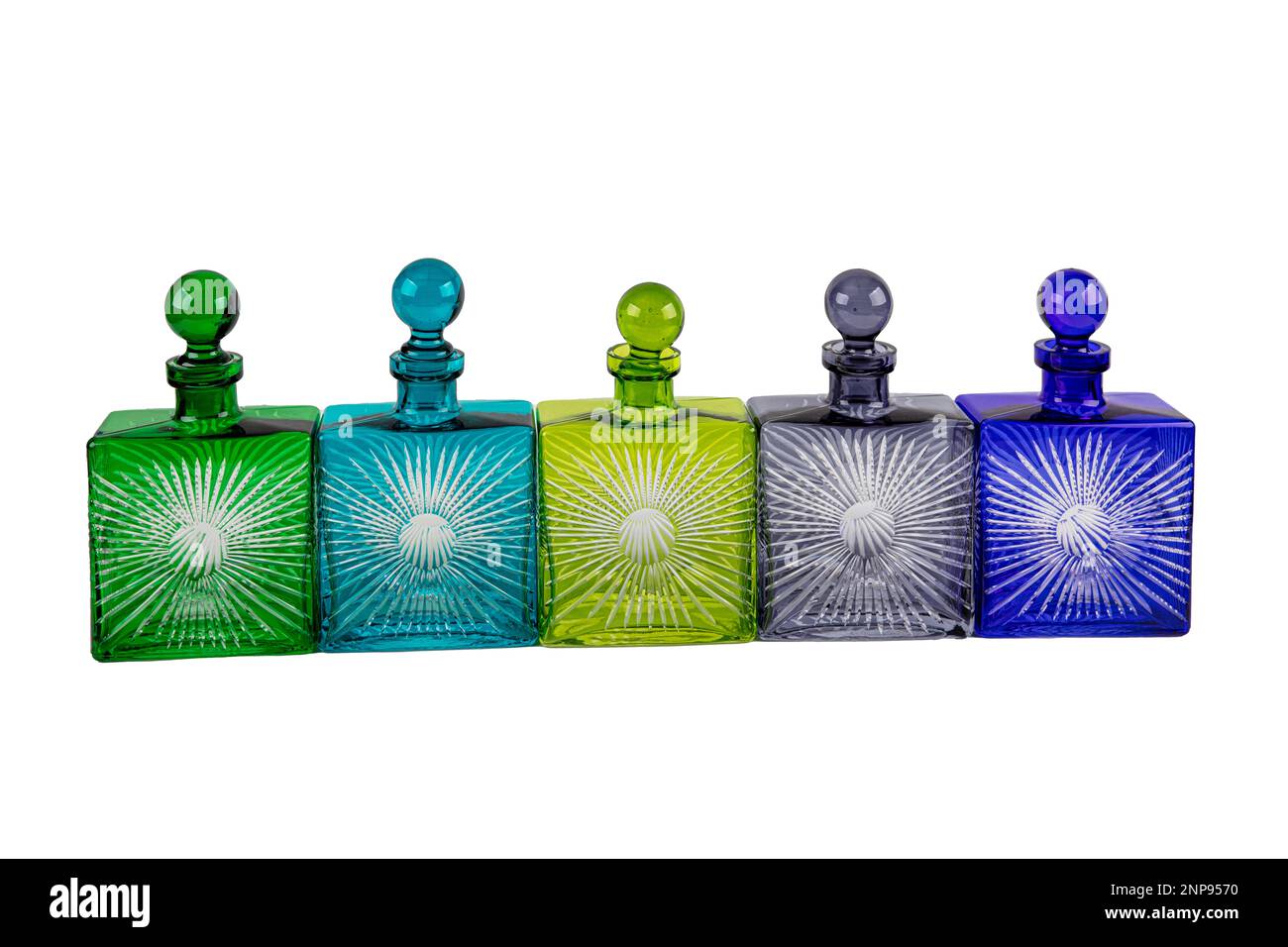 Colorful crystal glass Whiskey bottle. Glass bottles isolated on white ...