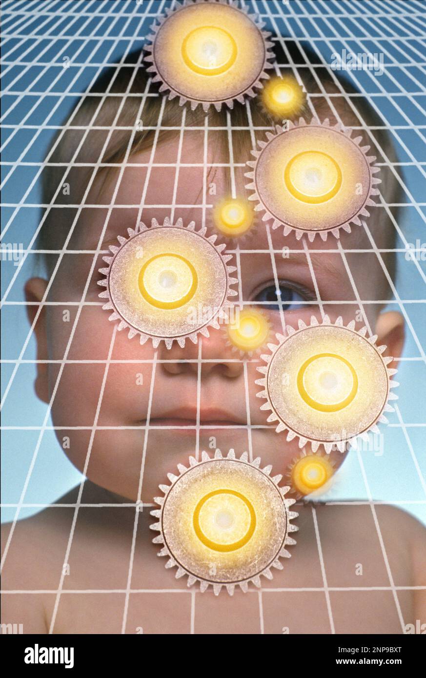 INTERLOCKING COG GEARS OVER INFANT BABY FACE Stock Photo - Alamy