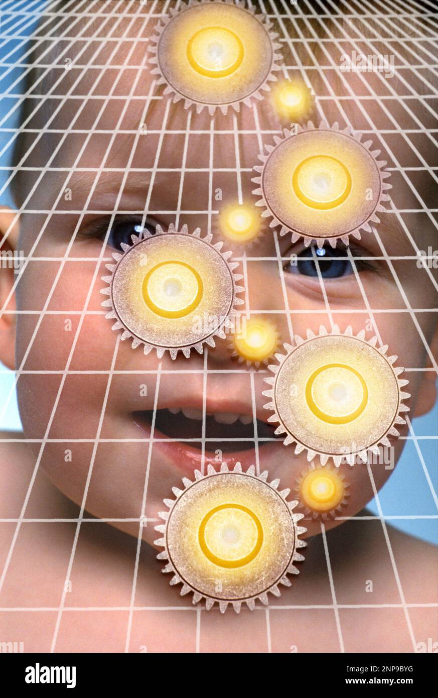 INTERLOCKING COG GEARS OVER INFANT BABY FACE Stock Photo - Alamy
