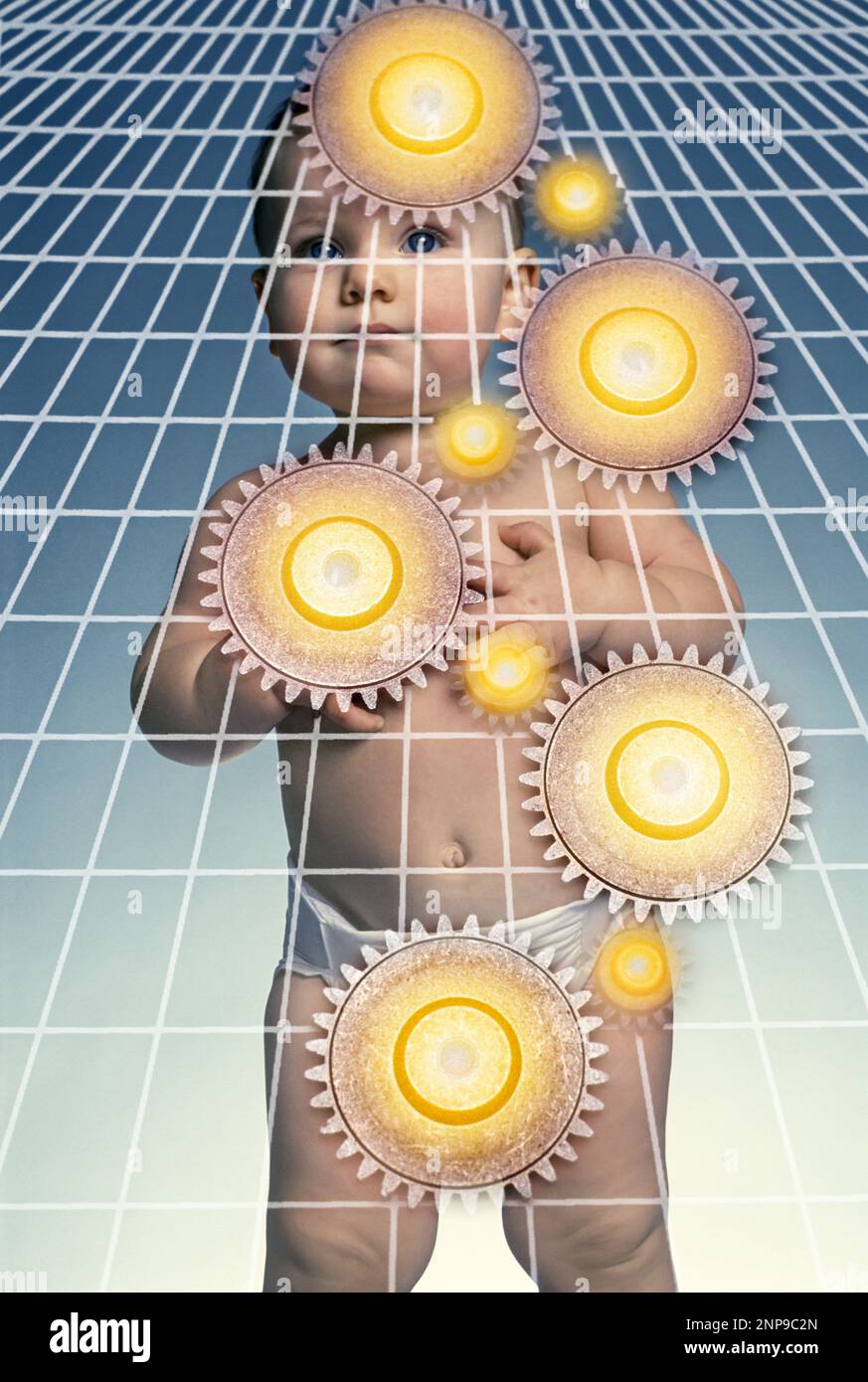 INTERLOCKING COG GEARS OVER STANDING INFANT BABY Stock Photo - Alamy