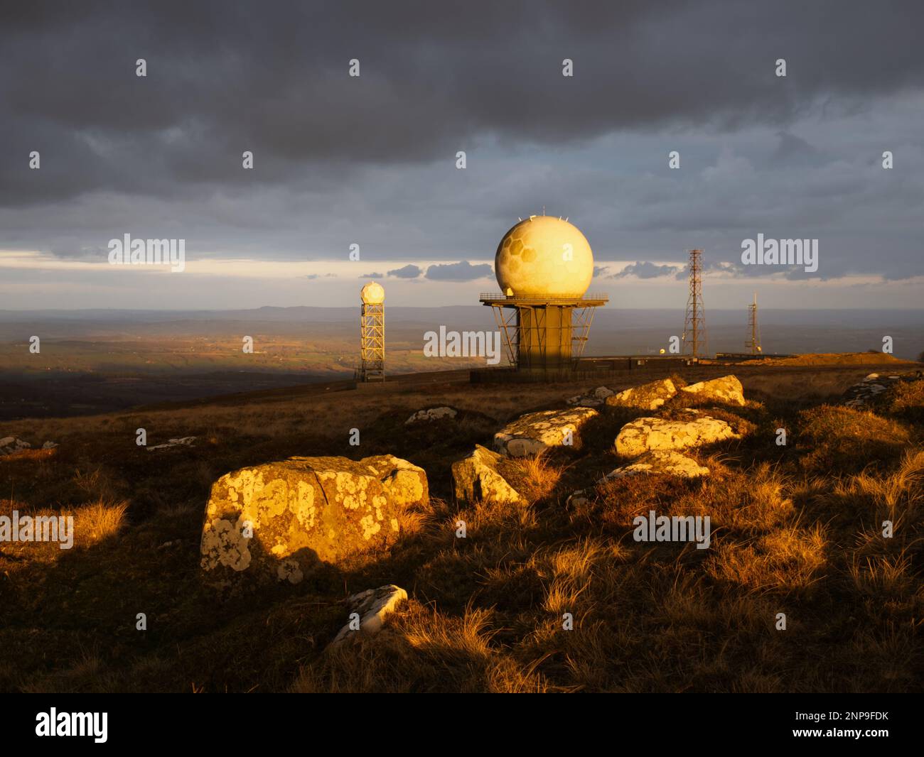 Air traffic and weather radar domes on the summit of Titterstone Clee ...