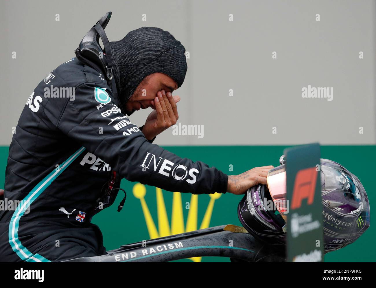 Mercedes driver Lewis Hamilton of Britain reacts after winning the ...