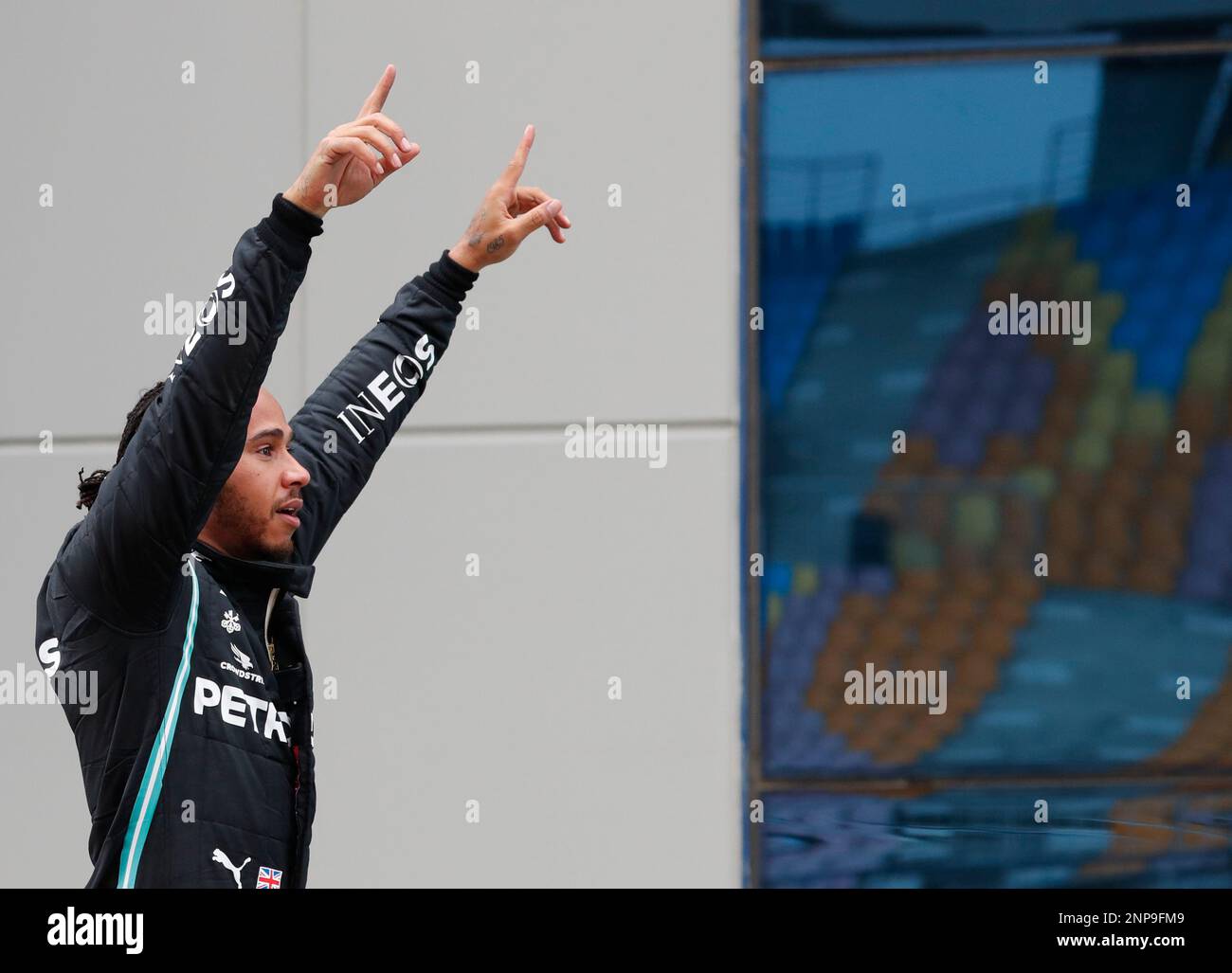 Mercedes driver Lewis Hamilton of Britain celebrates after winning the ...