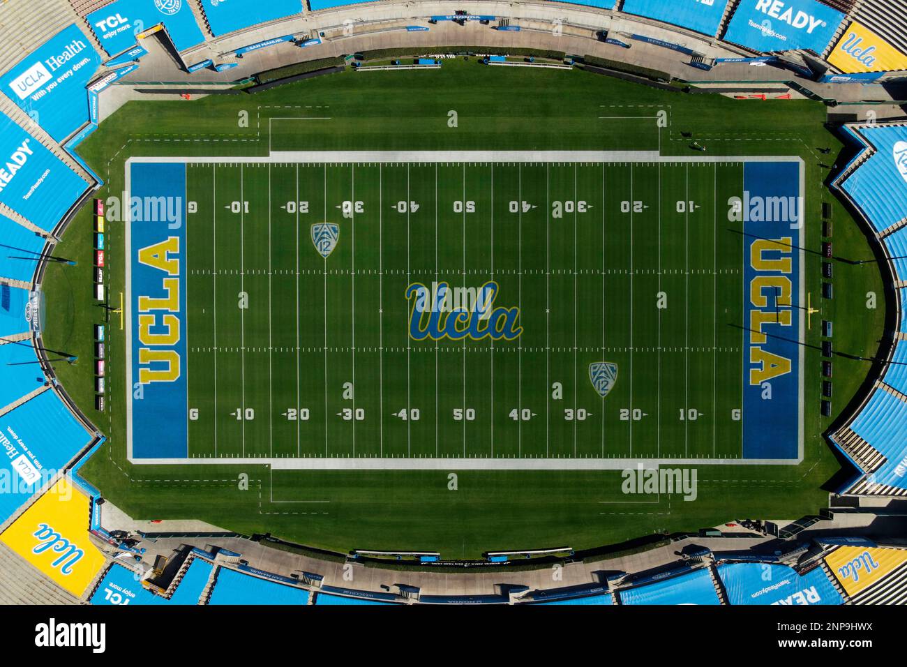 A general view of the football field with UCLA Bruins logo at midfield ...