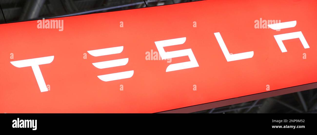 A photo shows a logo of Tesla, Inc. in Shanghai, China on November 6 ...