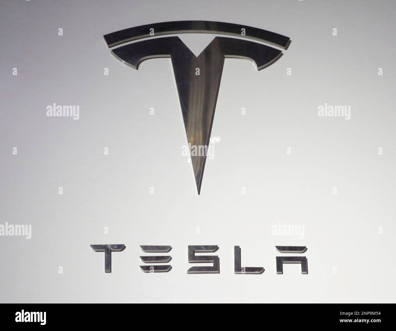 A photo shows a logo of Tesla, Inc. in Shanghai, China on November 6 ...