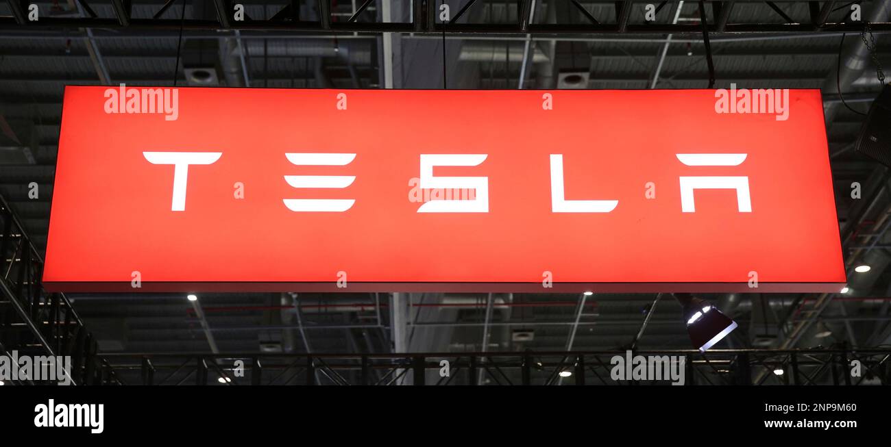 A photo shows a logo of Tesla, Inc. in Shanghai, China on November 6 ...