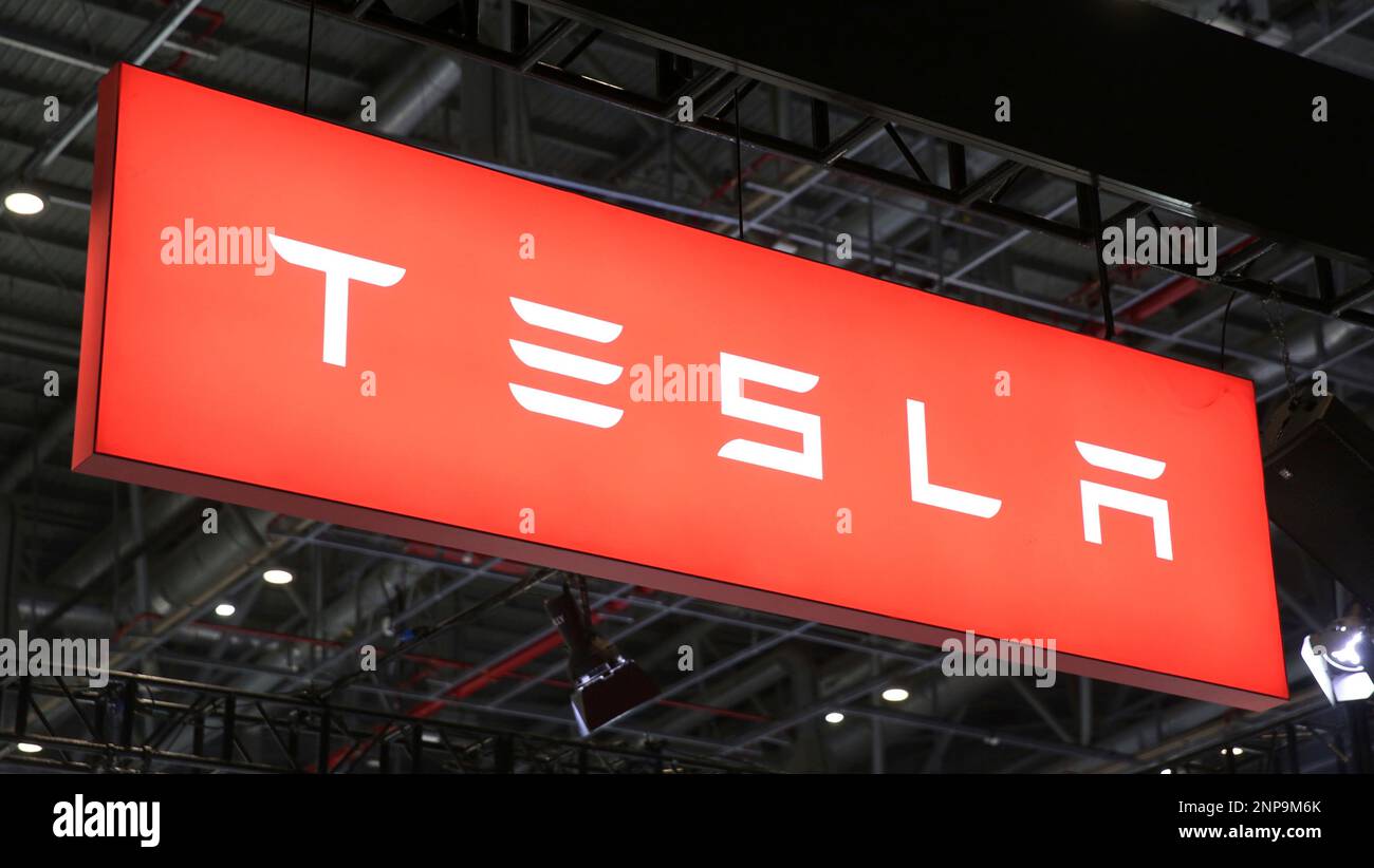 A photo shows a logo of Tesla, Inc. in Shanghai, China on November 6 ...