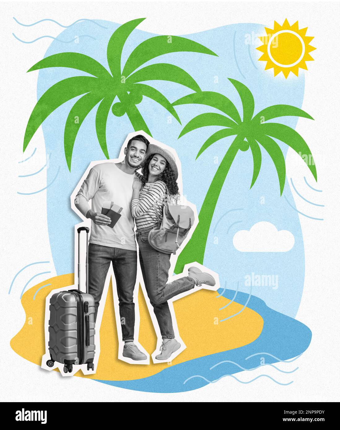 Glad young arab couple hug, enjoy vacation, with suitcase, passports ...
