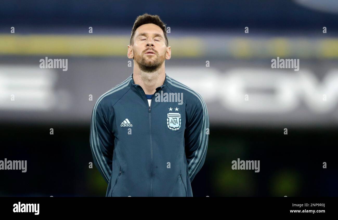 Argentina's Lionel Messi sings the national anthem prior to a ...