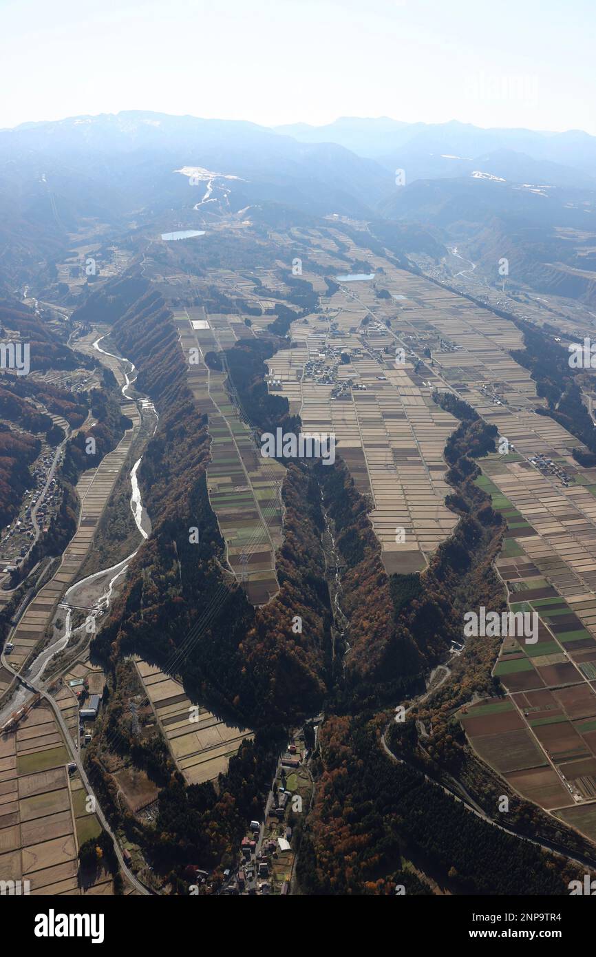 An aerial photo shows a river terrace of Shinano River in Tōkamachi ...