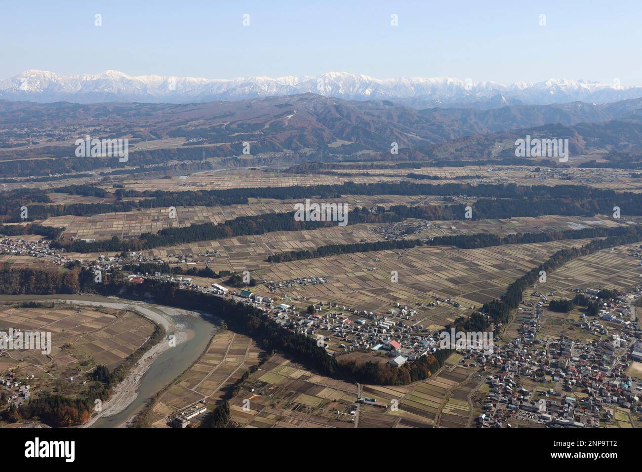 An aerial photo shows a river terrace of Shinano River in Tōkamachi ...