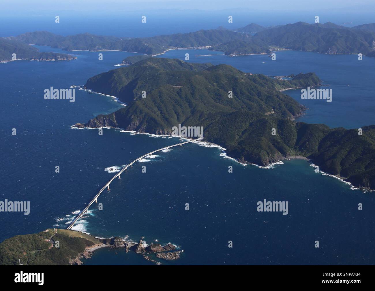 An aerial photo shows Koshiki Big Bridge, a new bridge connecting Shimo ...