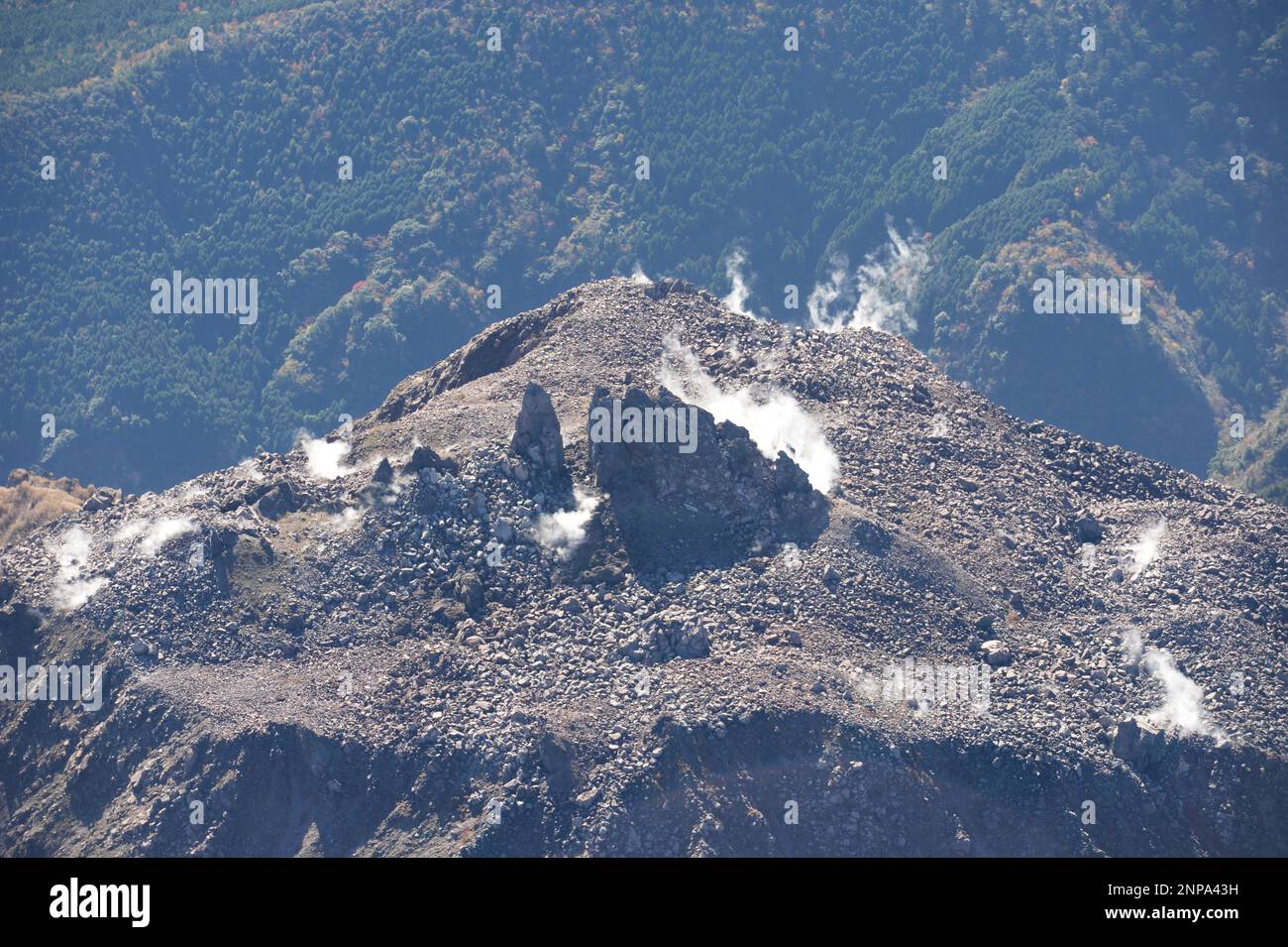 An aerial photo shows a peak of Heisei Shinzan in Shimabara, Nagasaki ...