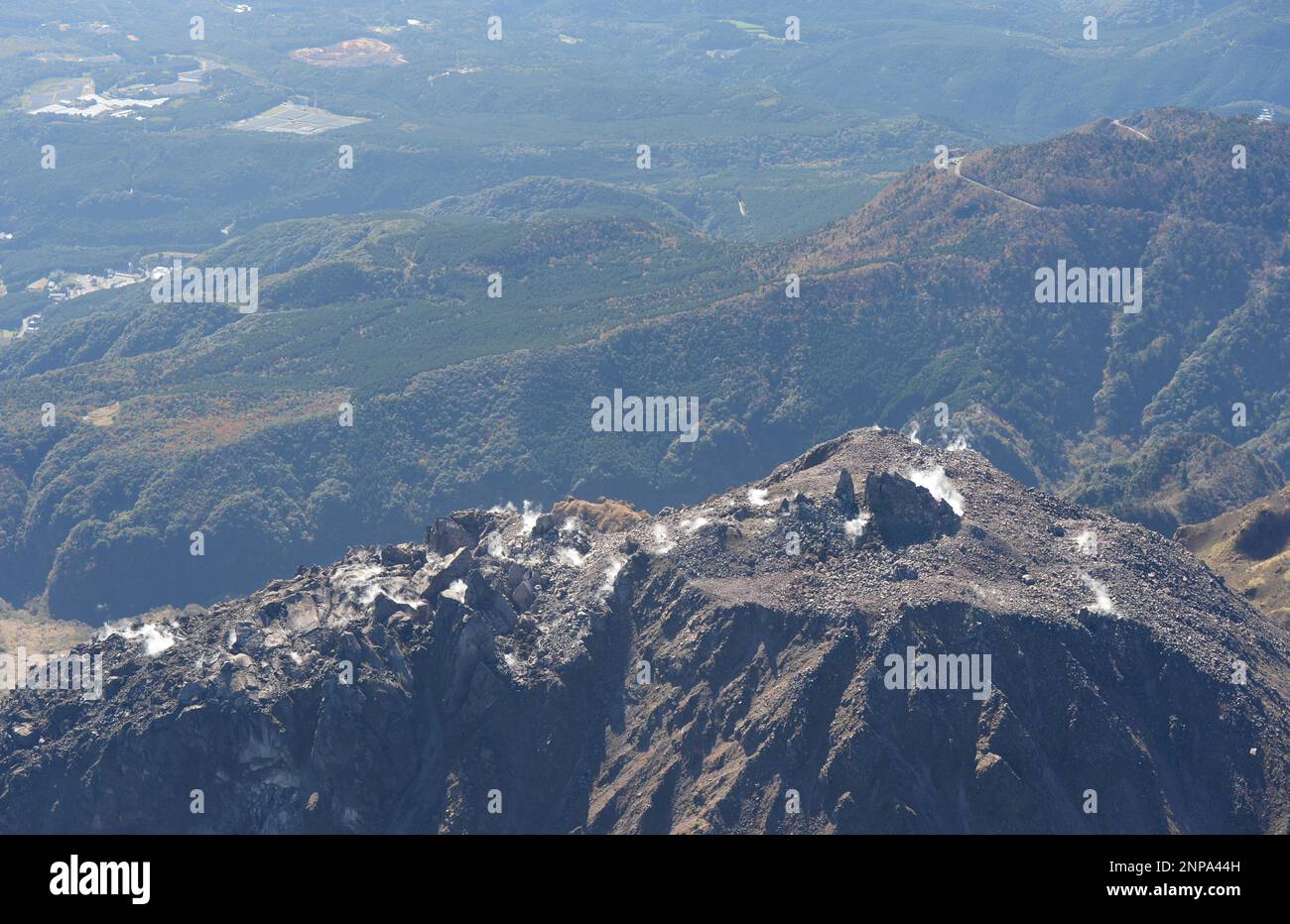 An aerial photo shows a peak of Heisei Shinzan in Shimabara, Nagasaki ...