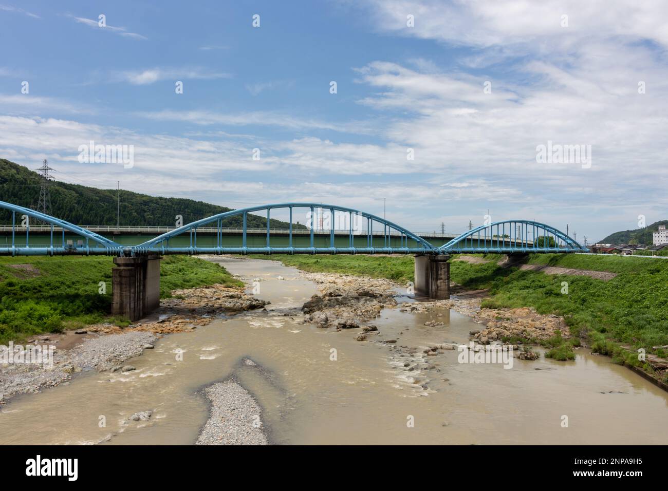 Pipeline bridge next to Wasadani Bridge over the Tedori river, Tsurugi ...