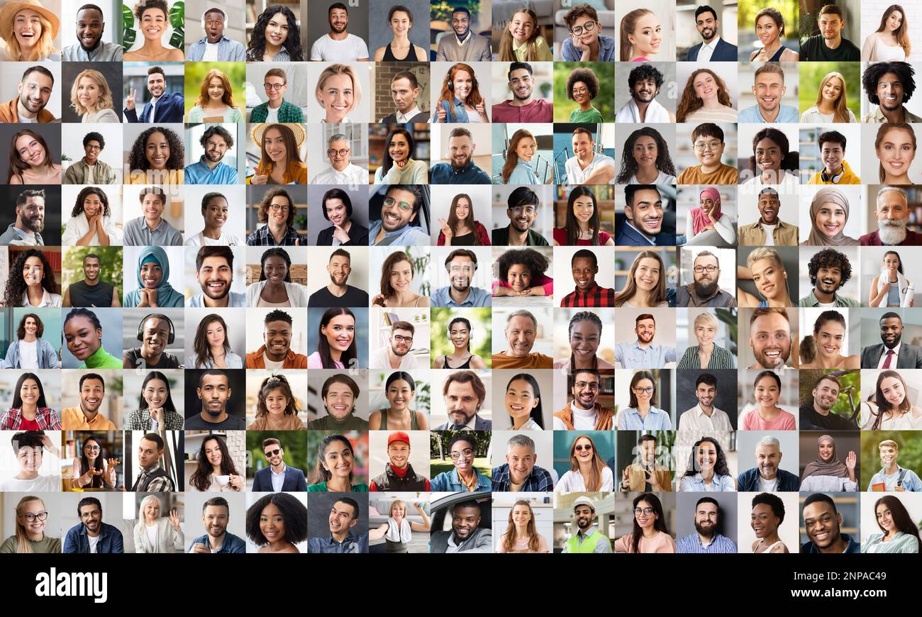 Set of cheerful multiethnic people sharing positive emotions, collage ...