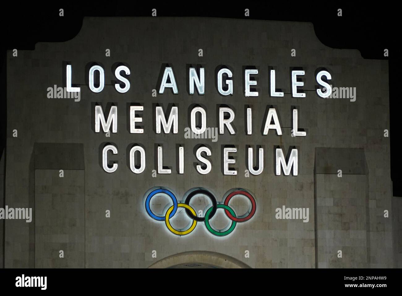 The Olympic rings on the Los Angeles Coliseum peristyle, Tuesday, Nov ...