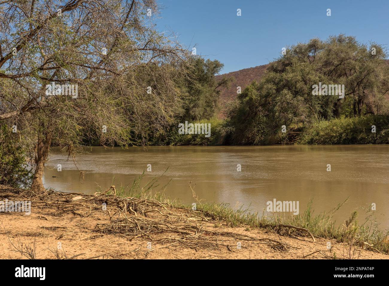 Landscape on the banks of the Kunene River, the border river between ...