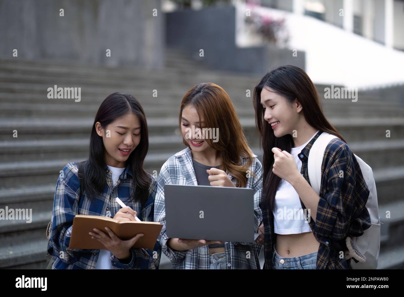 Nice young students use laptop after class sitting outdoors. girls wear ...
