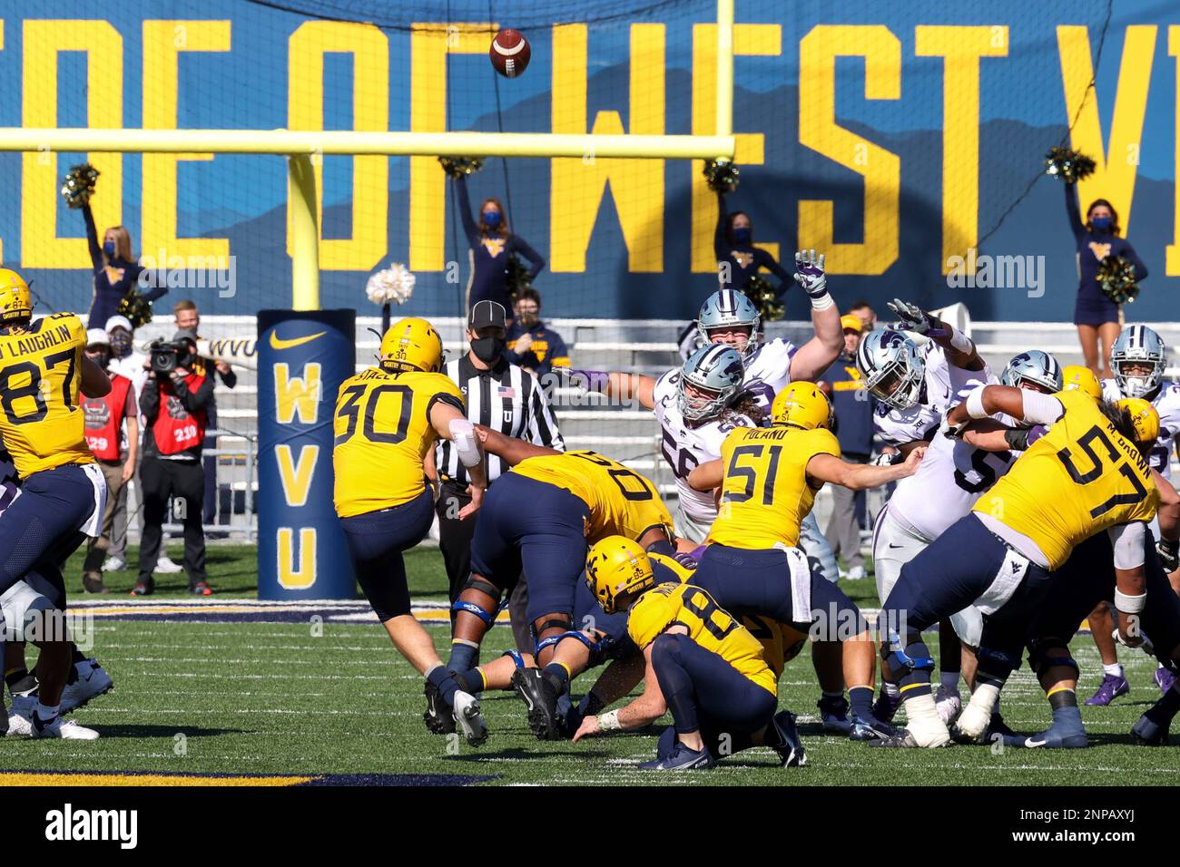 MORGANTOWN, WV - OCTOBER 31: West Virginia Mountaineers kicker Evan Staley (30) misses on a 51 ...