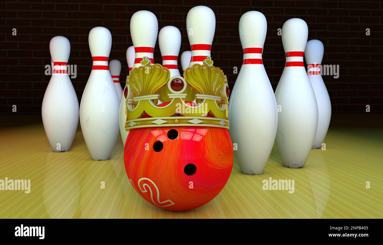 A row of bowling pins and a red bowling ball in a golden crown 3D ...