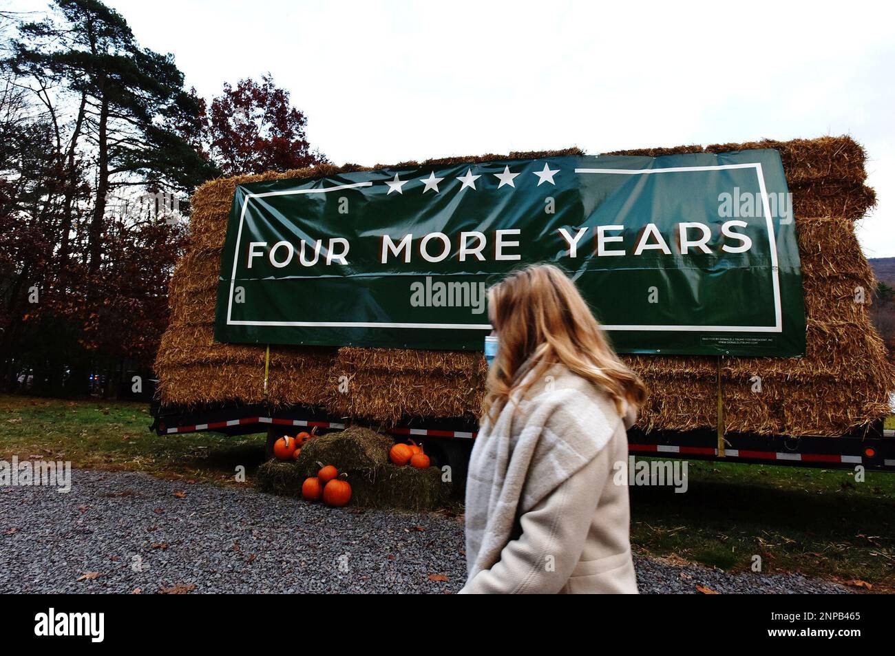 A banner hangs outside of Whitewoods in Hollenback Twp., Pa. before ...