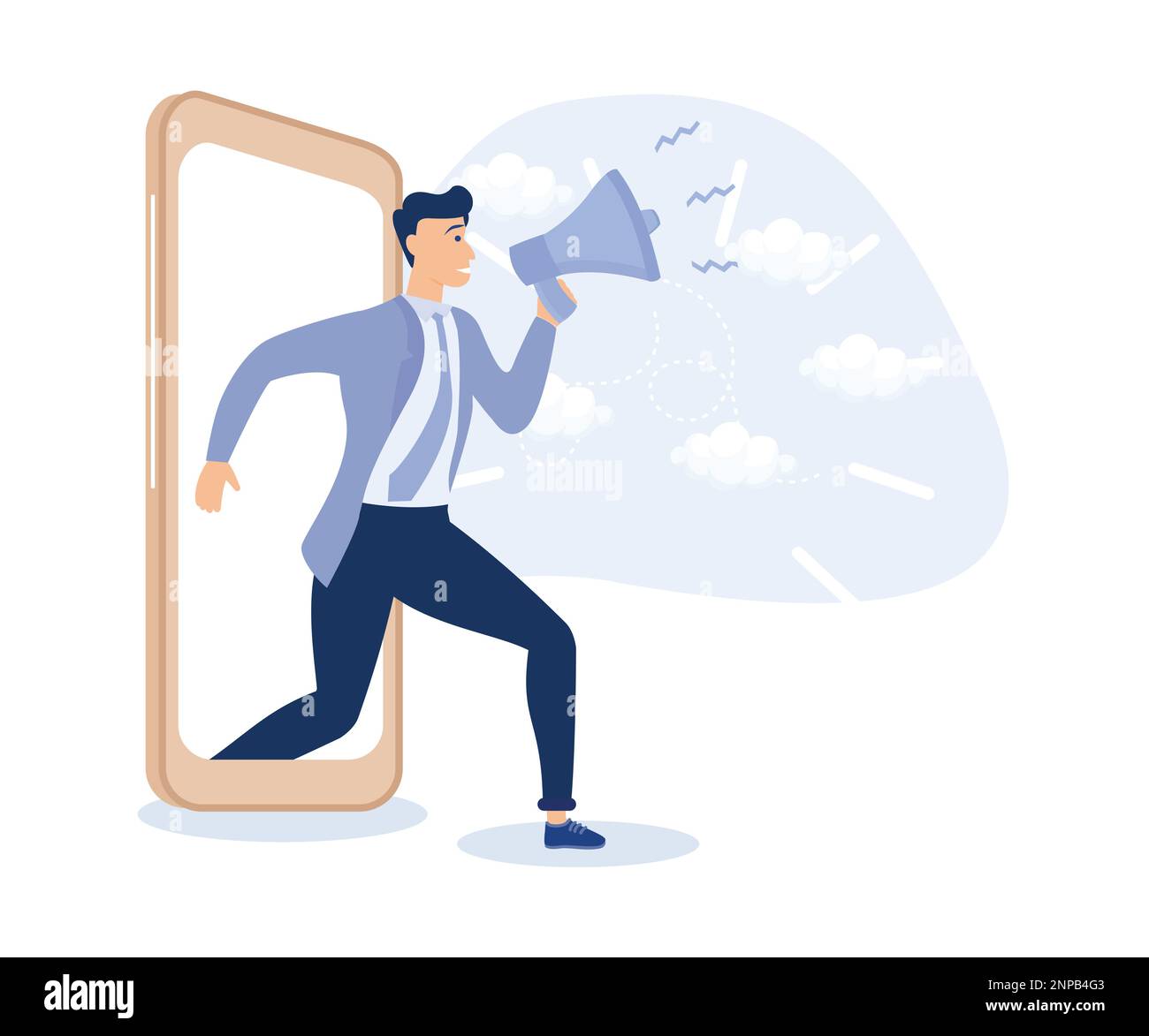 Mobile marketing,cheerful man telling promotion on megaphone,modern ...