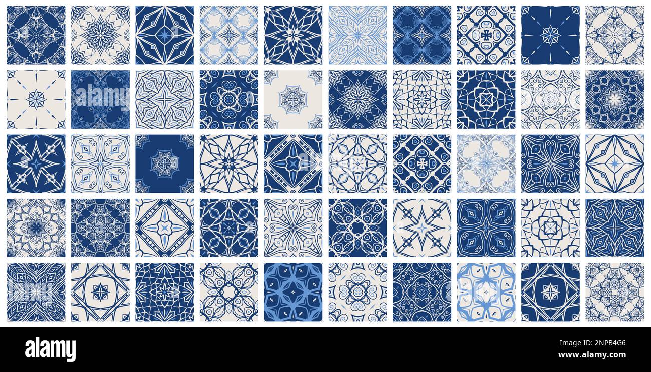 Vintage tile patterns set. Seamless blue and white background with ...