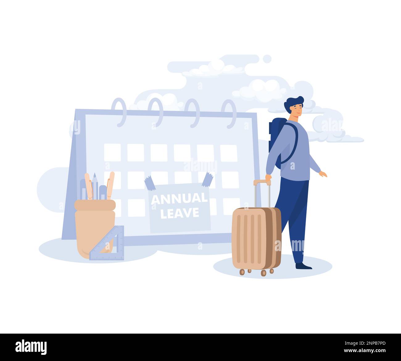 Annual leave, happy businessman running with luggage from calendar with ...