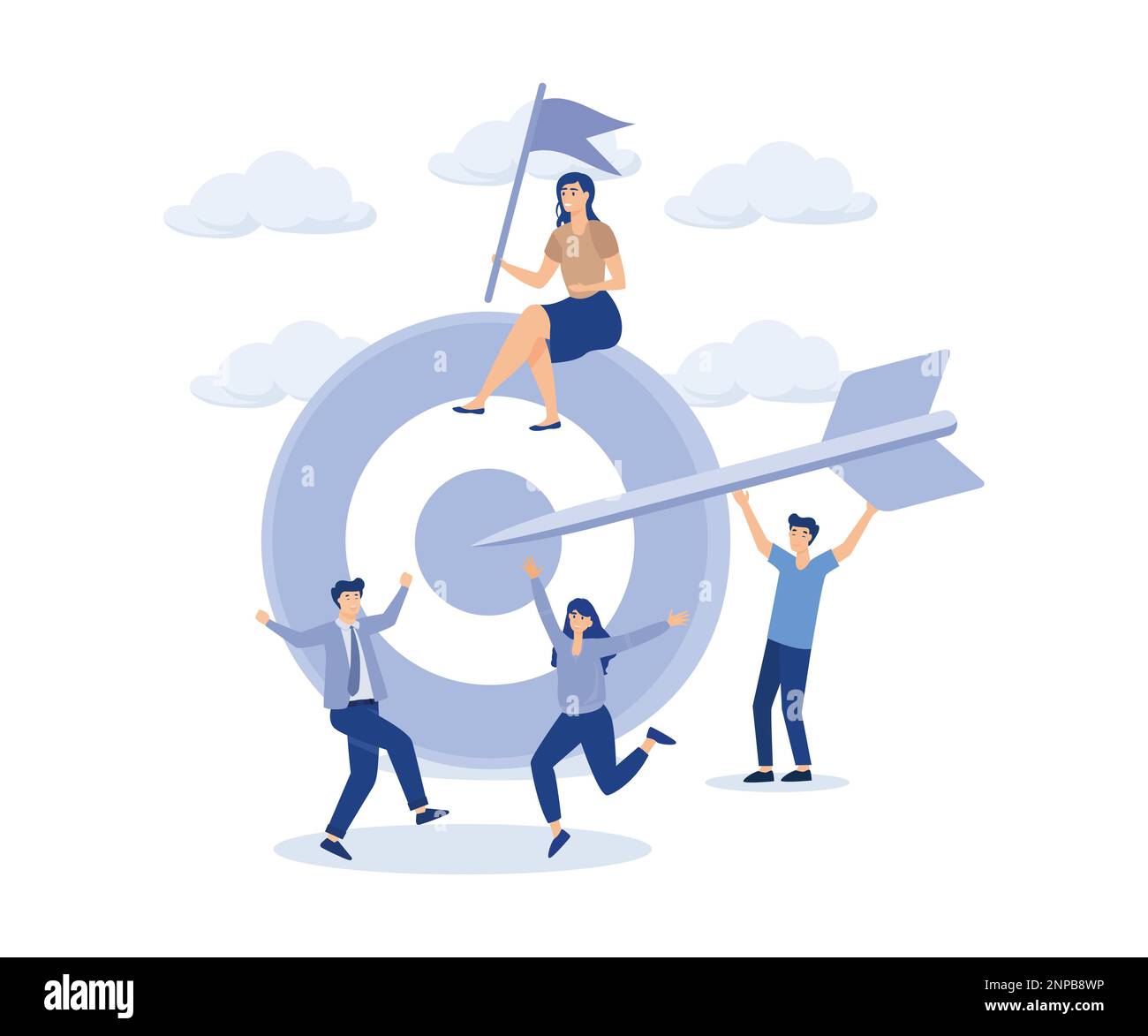 Achievement, teamwork helping to achieve target concept, dart hitting bullseye target.modern ...