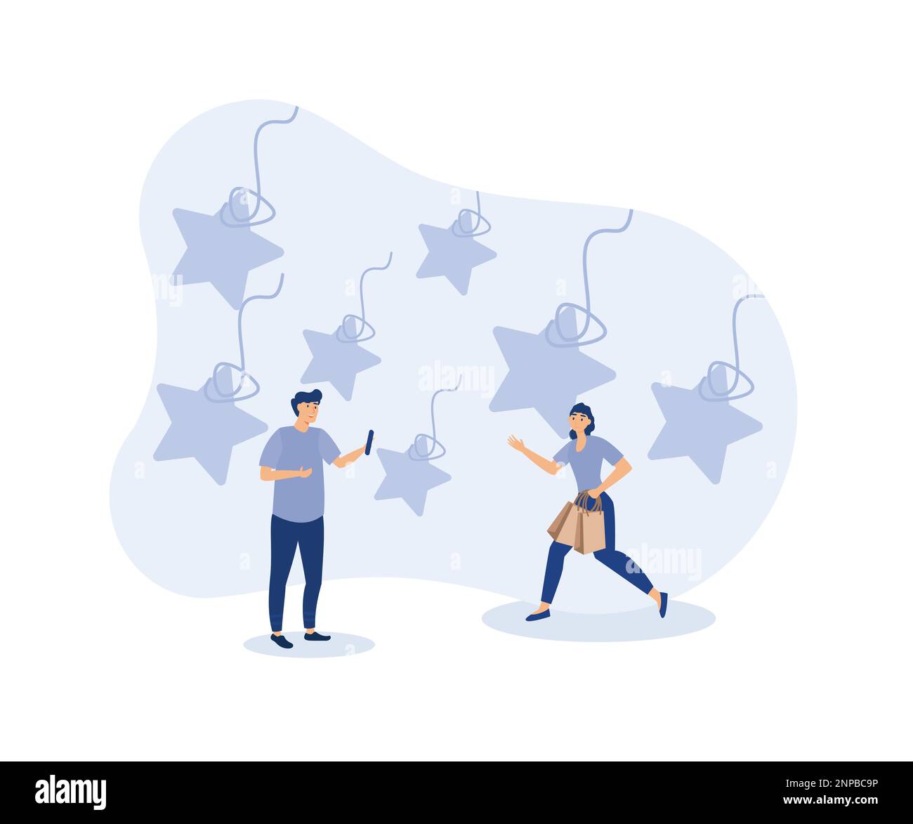 Customer experience rating, happy customer holding shopping bag hung on ...