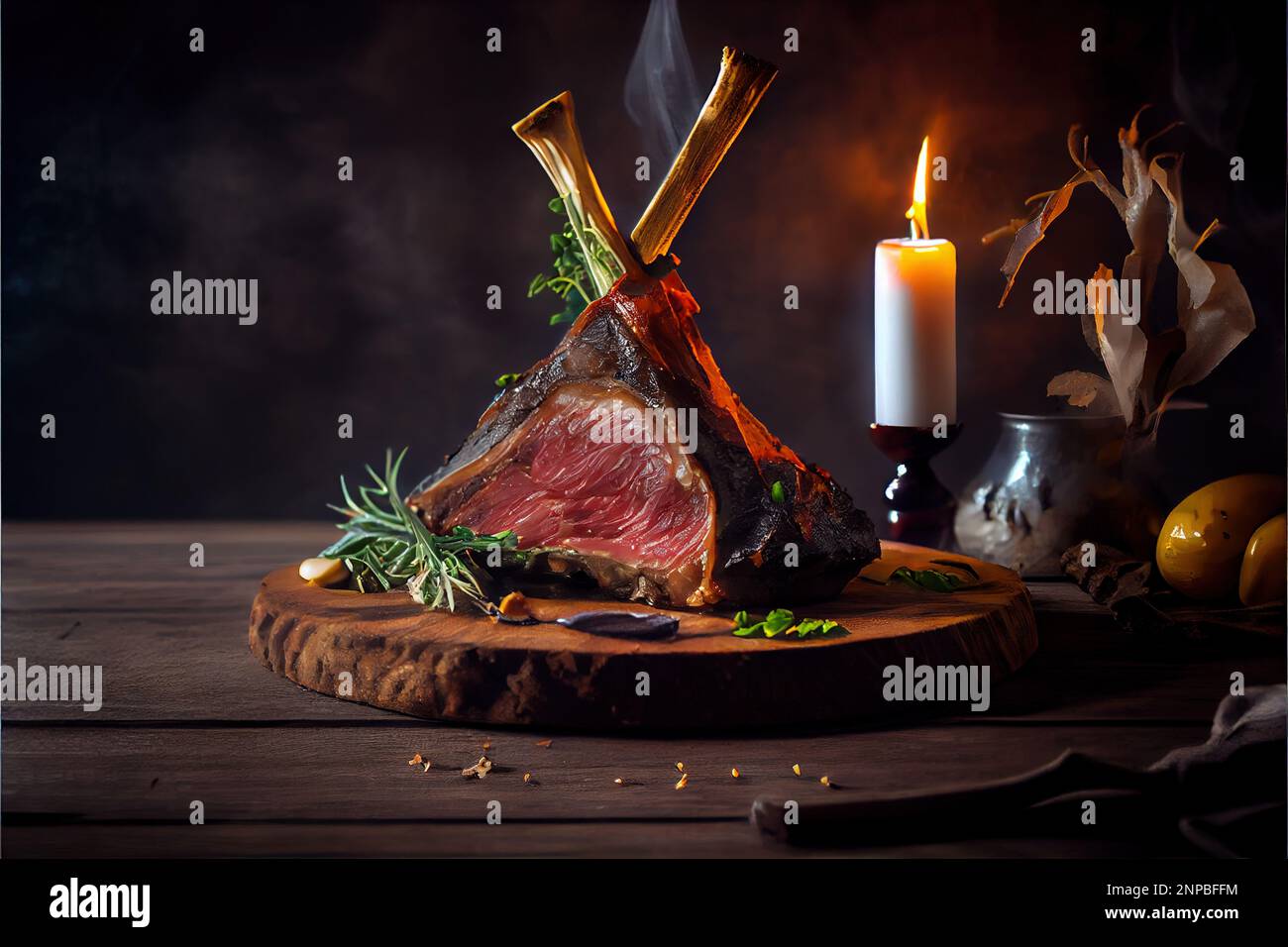Generative AI illustration of freshly grilled tomahawk steaks on wooden ... Generative AI illustration of freshly grilled tomahawk steaks on wooden ...