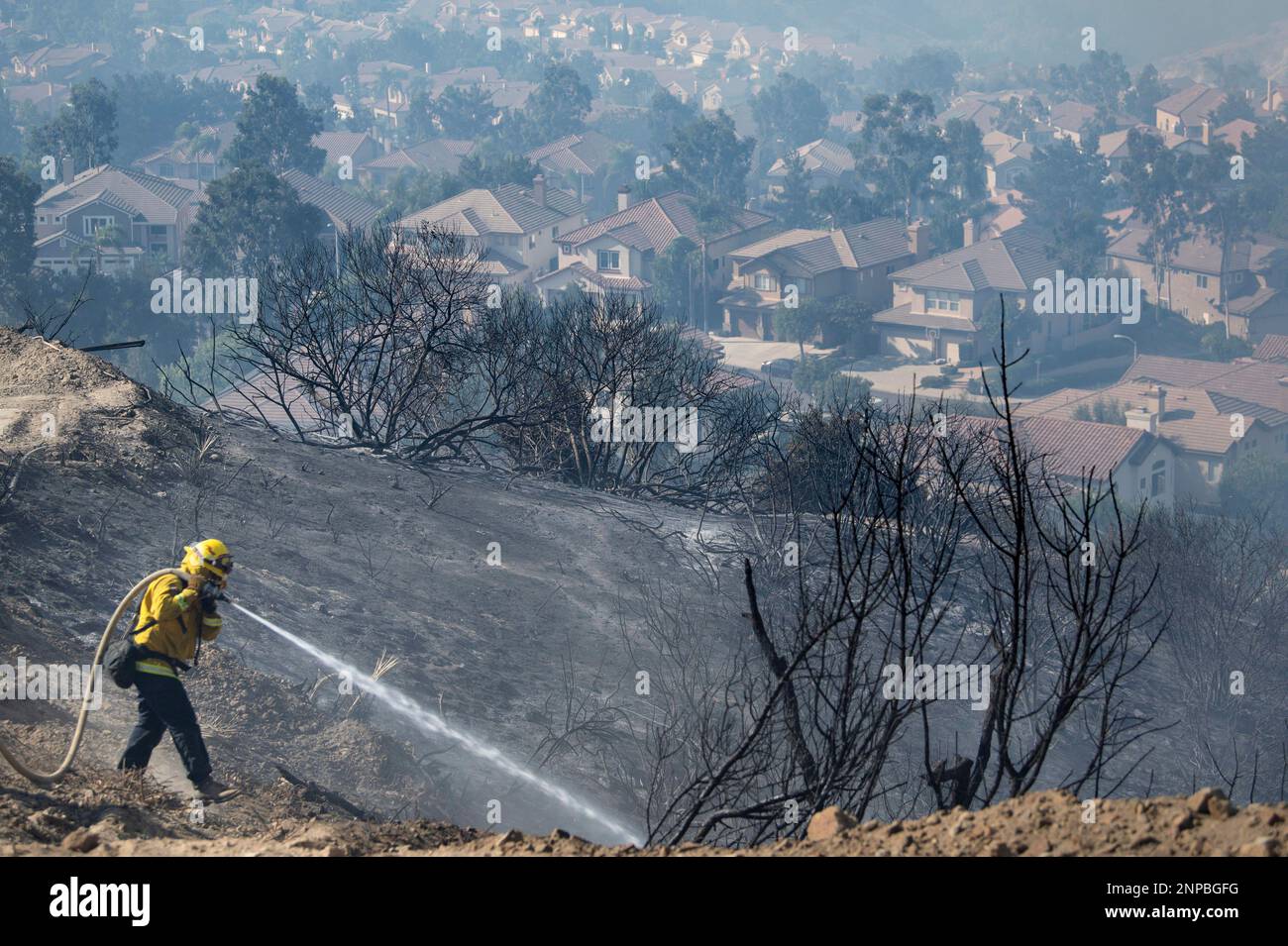 Firefighters work flames from the Silverado fire atop a hill above ...