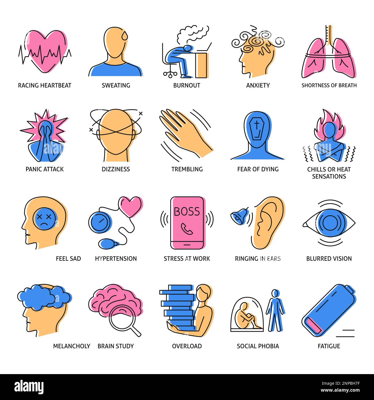 Stress symptoms and causes icon set in colored line style. Vector ... Stress symptoms and causes icon set in colored line style. Vector ...