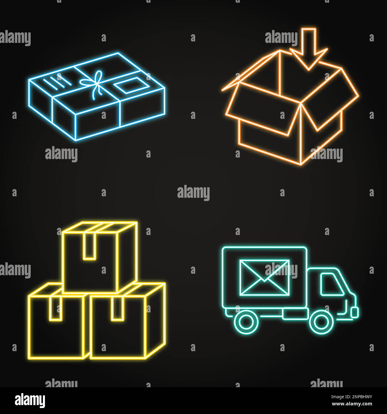 Neon parcels and delivery boxes icon set. Mail delivery package and ...