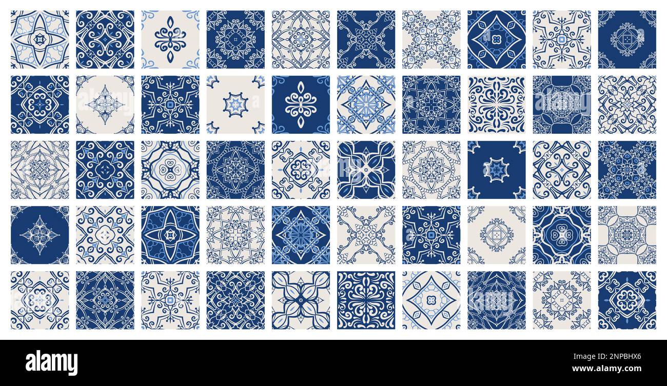 Vintage tile patterns set. Seamless blue and white background with ...