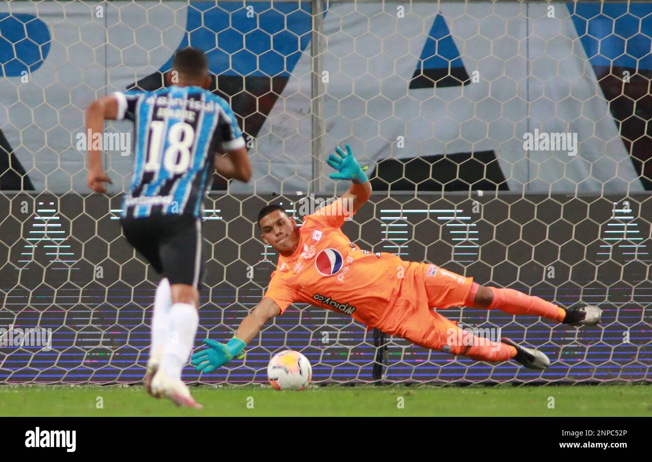 Goalkeeper Joel Graterol of Colombia's America stops a penalty kick by ...
