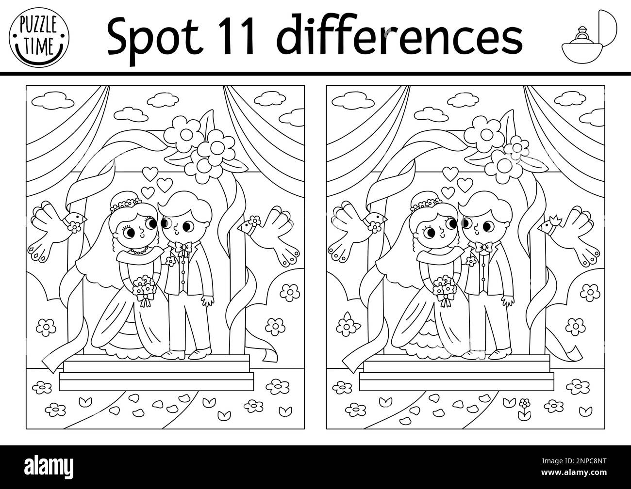 Find differences game for children. Wedding black and white activity ...