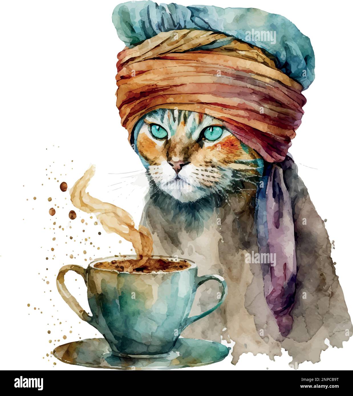 Turkish Cat with coffee cup. Muslim cat with turban. Watercolor Vector ...