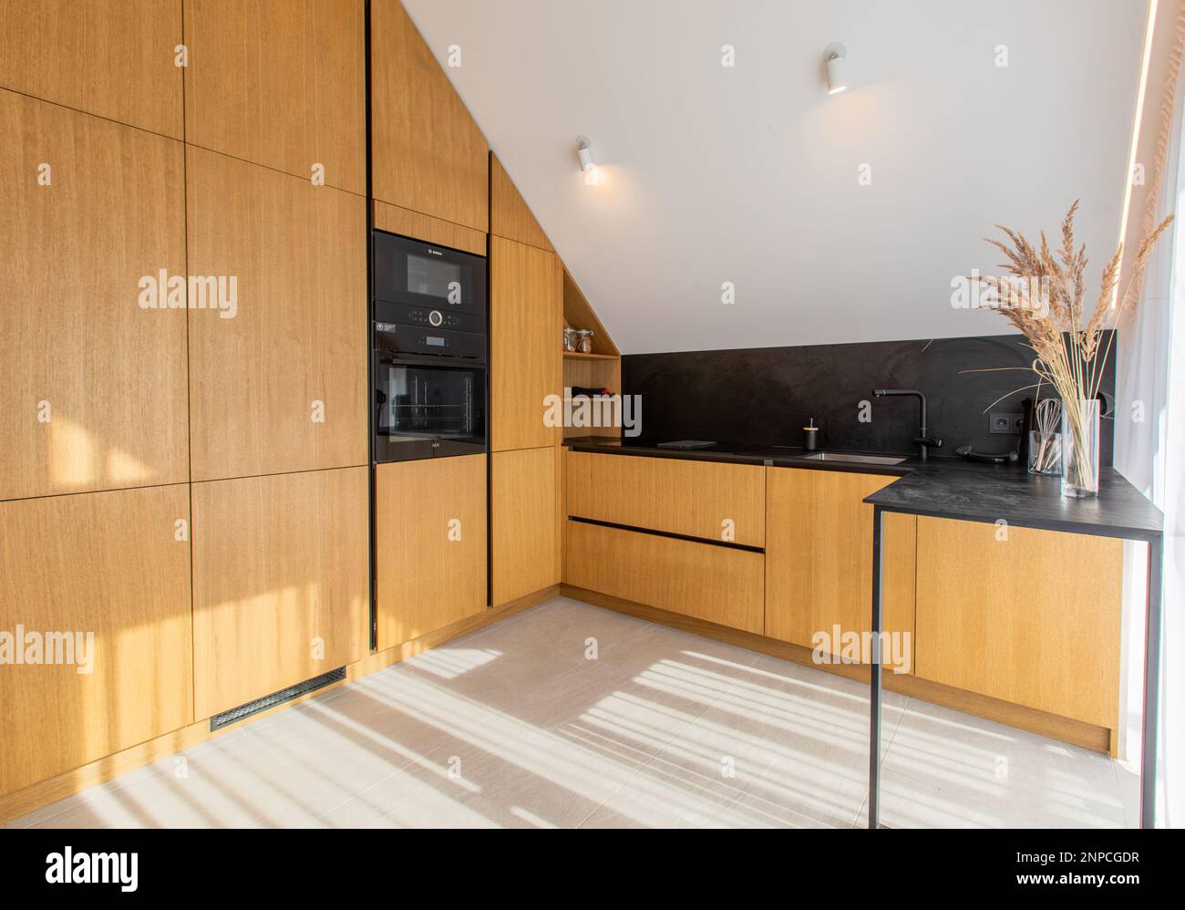 Bright Modern Kitchen in New Luxury Home, Hardwood Floors, Dark Wood ...