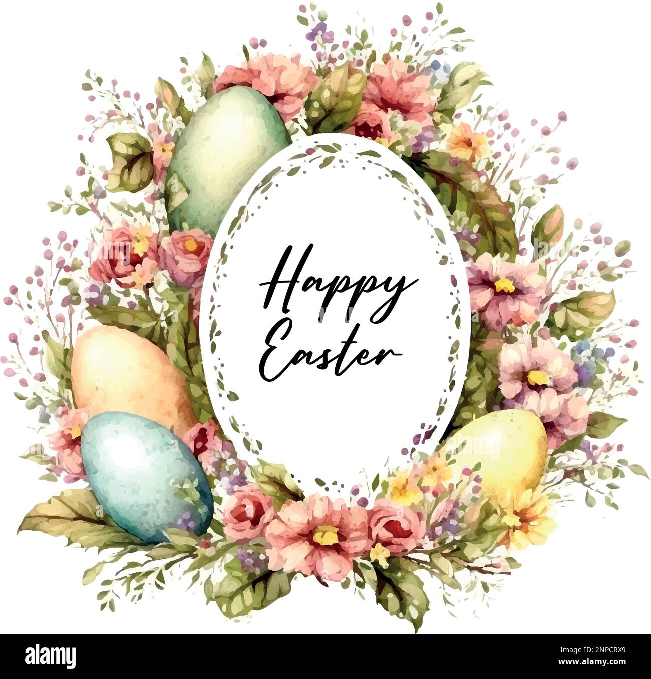 Happy Easter Vector eggs flowers illustration of watercolor cute greeting frame. Pictures and ...