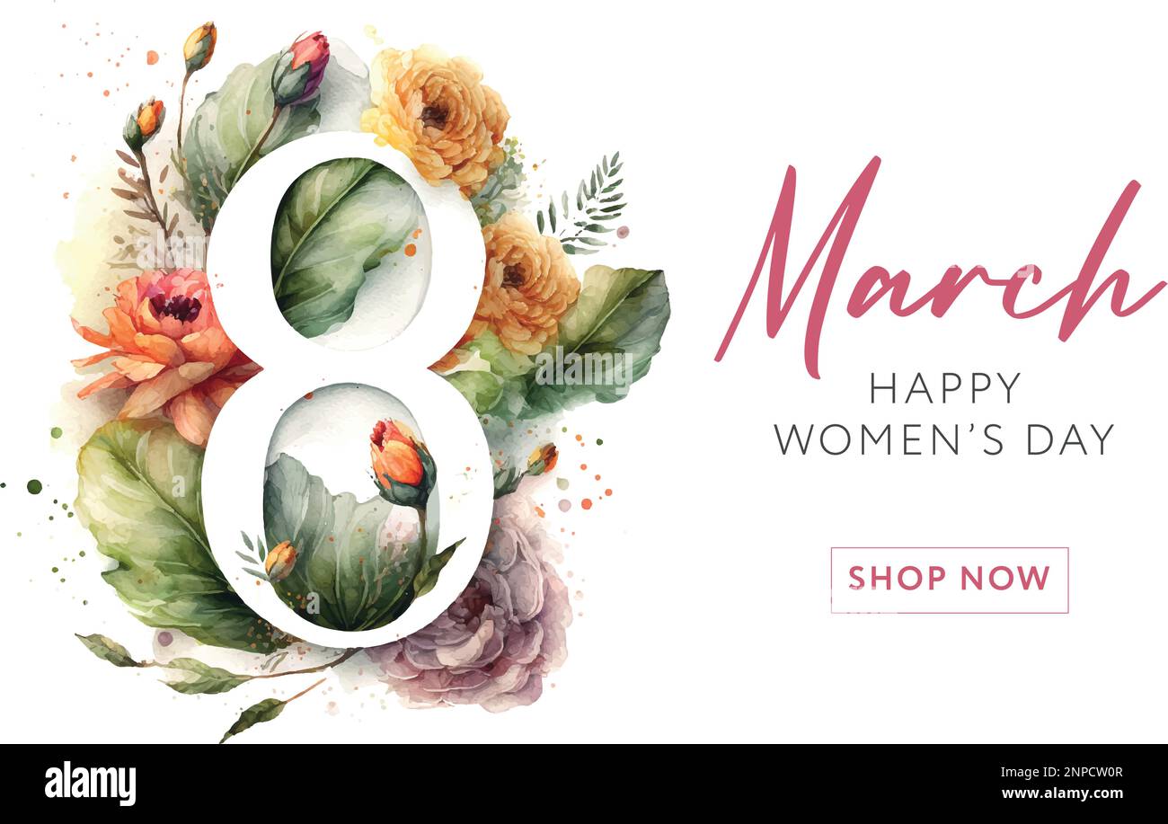 Number 8, watercolor flowers on white background. Flower vector ...